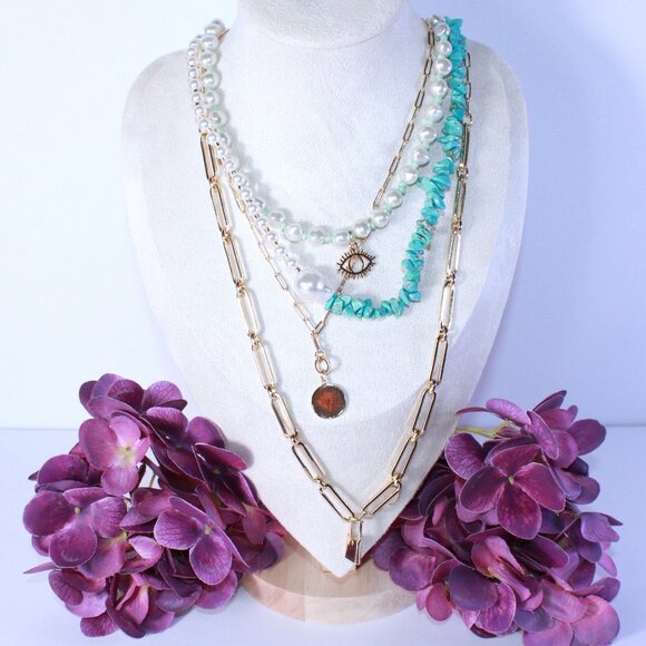 Express | Jewelry | Nwt Express Gold Tone Faux Pearls Multichain ...